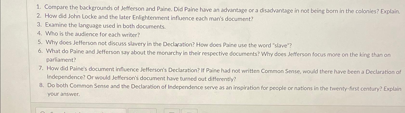 Solved Compare the backgrounds of Jefferson and Paine. Did | Chegg.com
