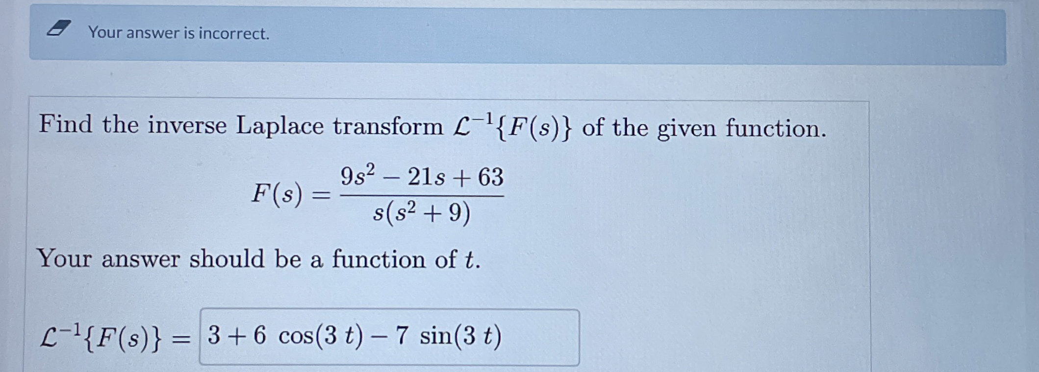 Your answer is incorrect.Find the inverse Laplace | Chegg.com