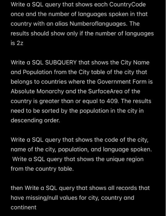 Solved Write a SQL query that shows each CountryCode once | Chegg.com