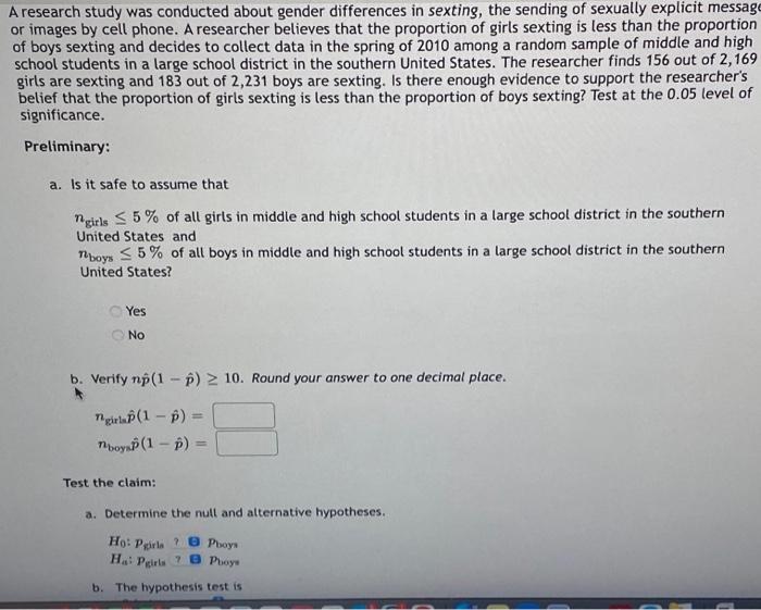 Solved earch study was conducted about gender differences in | Chegg.com