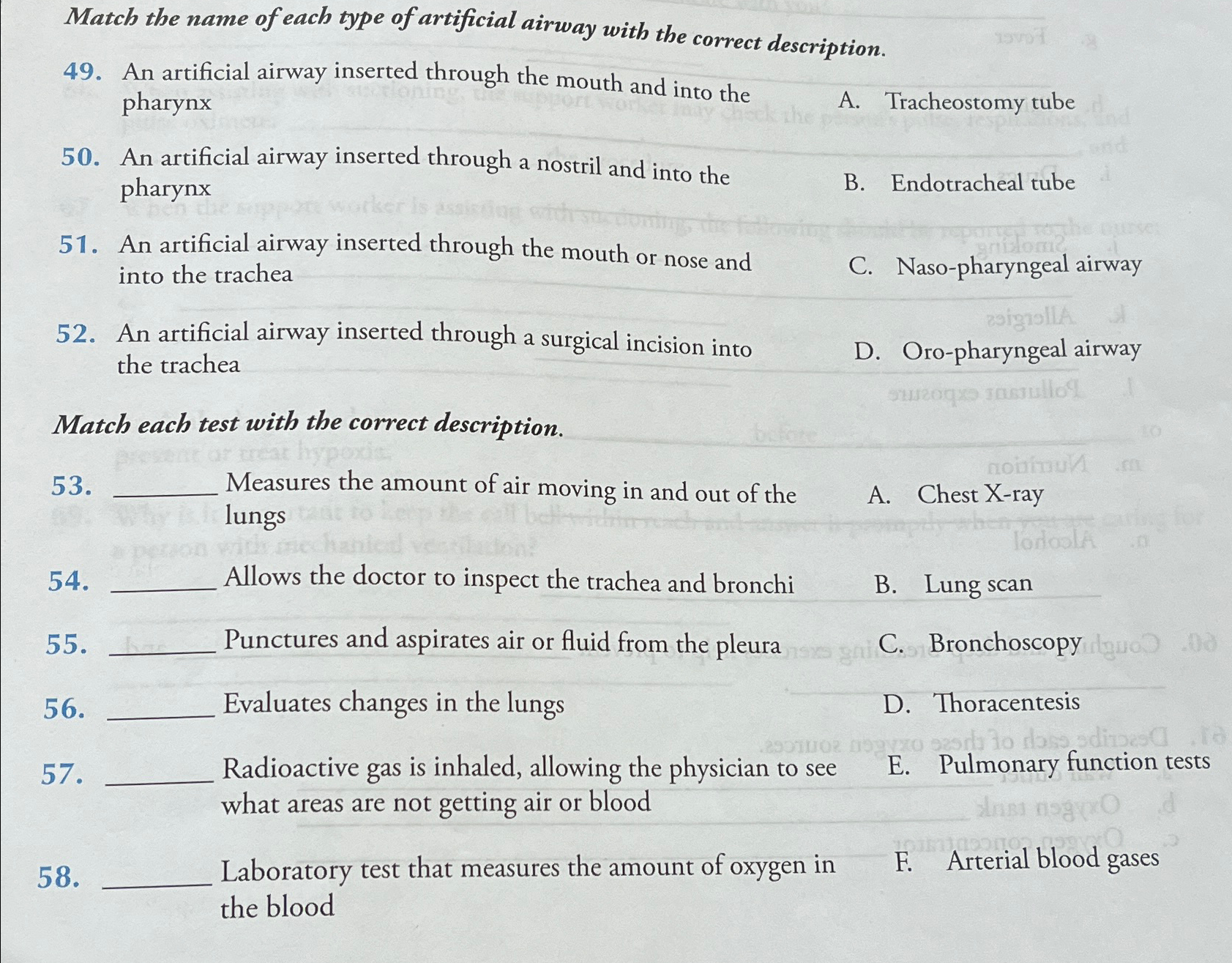 Solved Match the name of each type of artificial airway with | Chegg.com