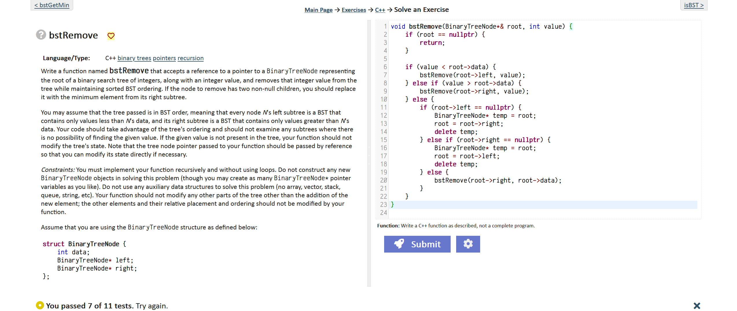 Solved bstRemoveLanguage/Type: ,C++ ﻿binary trees pointers | Chegg.com