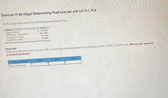 Solved Exercise 11-3A (Algo) Determining fixed cost per unit | Chegg.com
