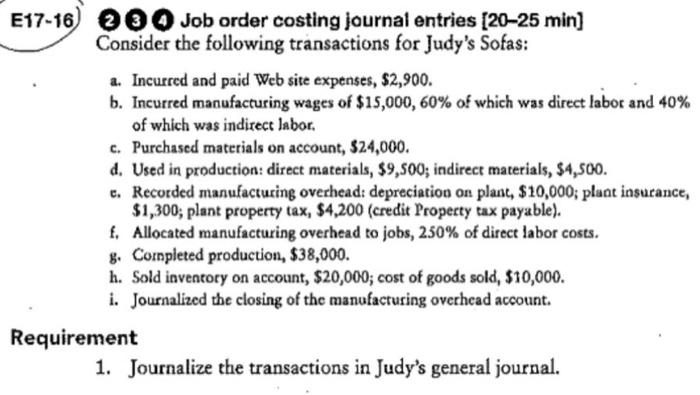 Solved E17-16) (3) Job order costing journal entries [20-25 | Chegg.com