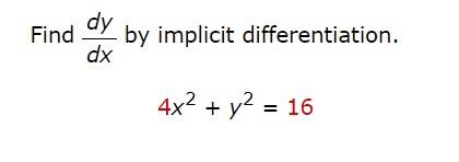 Solved Find dy dx by implicit differentiation. 4x2 + y2 = 16 | Chegg.com
