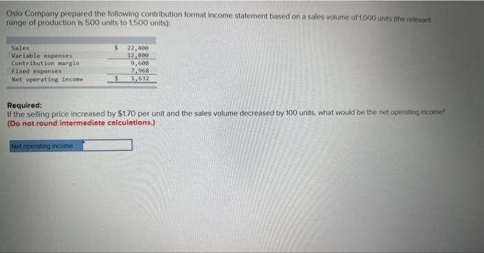 Solved Oslo Company prepared the following contribution | Chegg.com