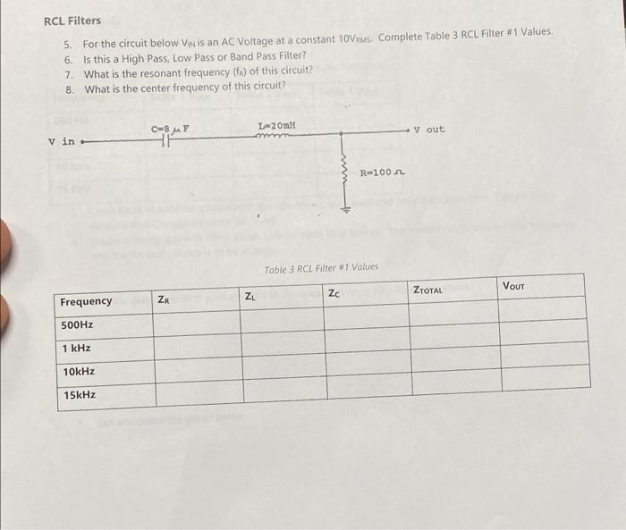 Solved RCL Filters 5. For the circuit below VIN is an AC | Chegg.com