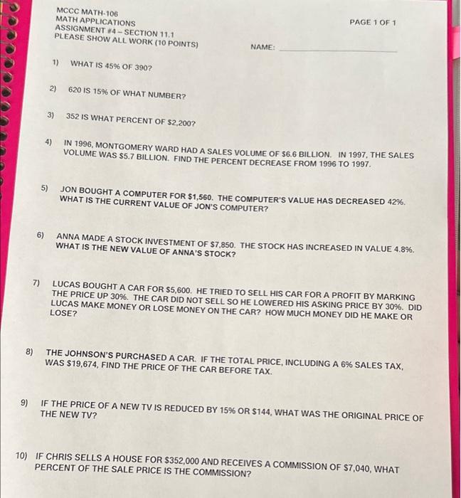 Solved 7) 8) 6) 5) MCCC MATH-106 MATH APPLICATIONS | Chegg.com