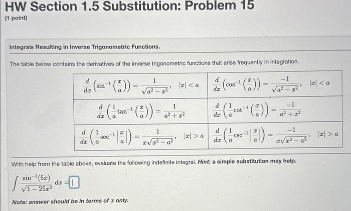 Solved HW Section 1.5 Substitution: Problem 15 (1 point) | Chegg.com Solved HW Section 1.5 Substitution: Problem 15 (1 point) | Chegg.com