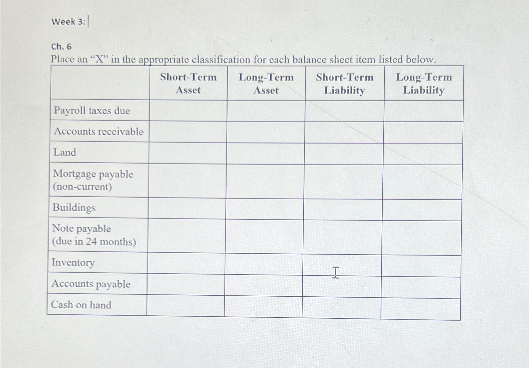 Solved Week 3:Ch. 6Place an " x " ﻿in the appropriate | Chegg.com