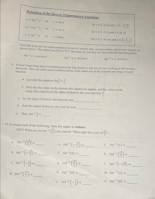 Solved Definition of the Inverse Trigonometric Functions | Chegg.com