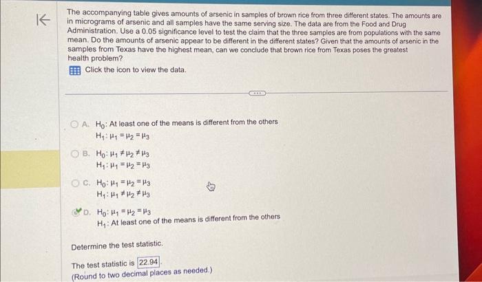 Solved The accompanying table gives amounts of arsenic in | Chegg.com