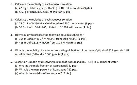 Solved 1. Calculate the molarity of each aqueous solution: | Chegg.com