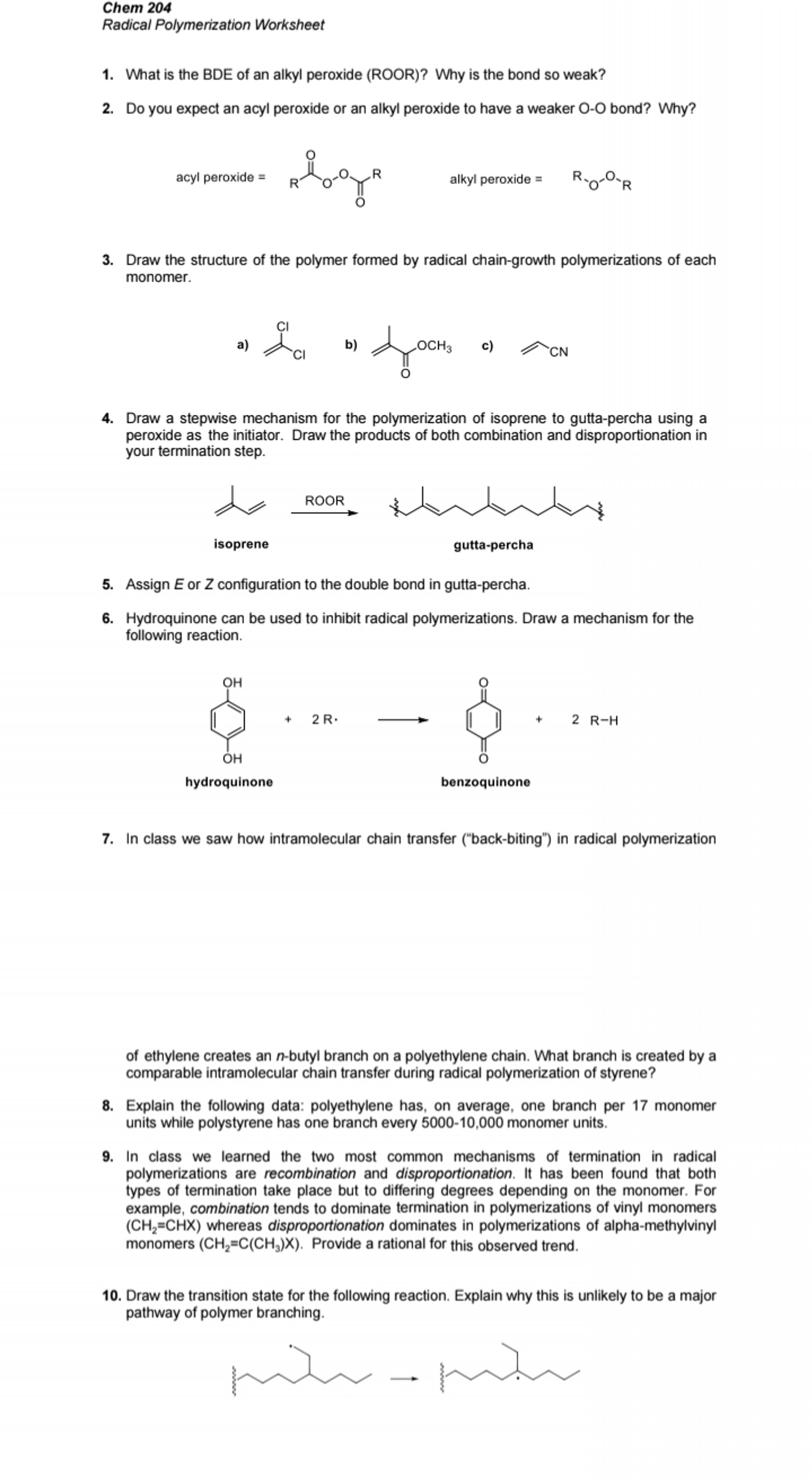 Solved What is the BDE of an alkyl peroxide (ROOR)? ﻿Why is | Chegg.com