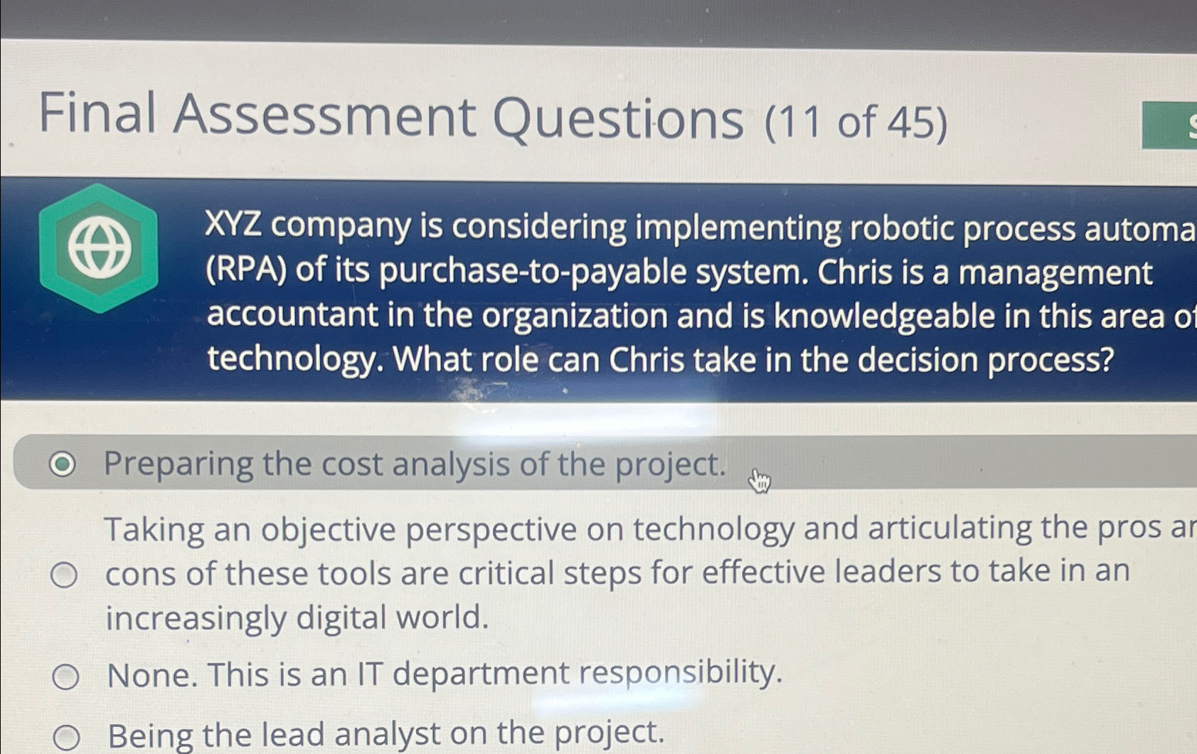 Solved Final Assessment Questions (11 ﻿of 45)XYZ company is | Chegg.com