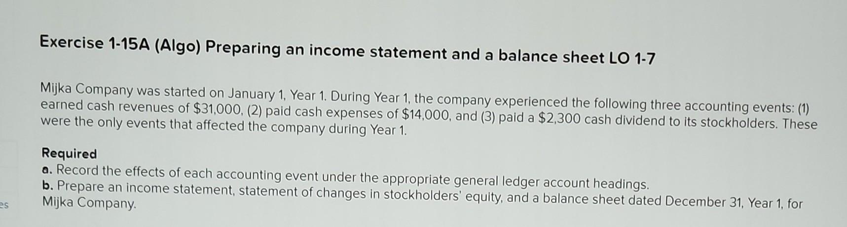 Solved Exercise 1-15A (Algo) Preparing an income statement | Chegg.com
