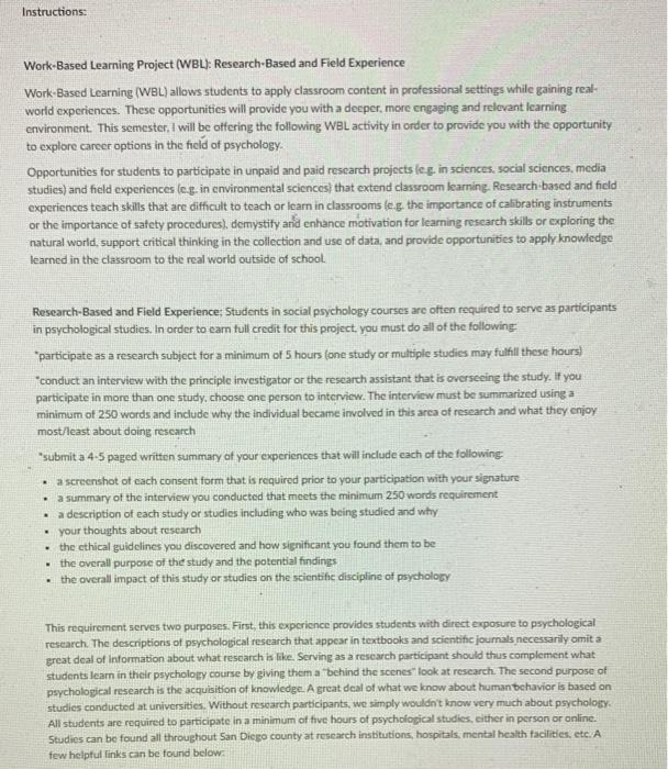 Solved Instructions: Work-Based Learning Project (WBL): | Chegg.com