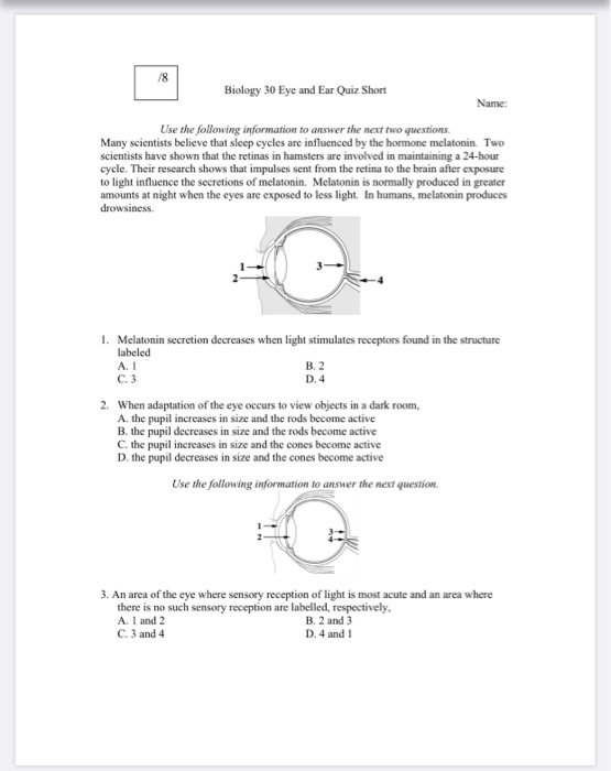 Solved /8 Biology 30 Eye and Ear Quiz Short Name: Use the | Chegg.com