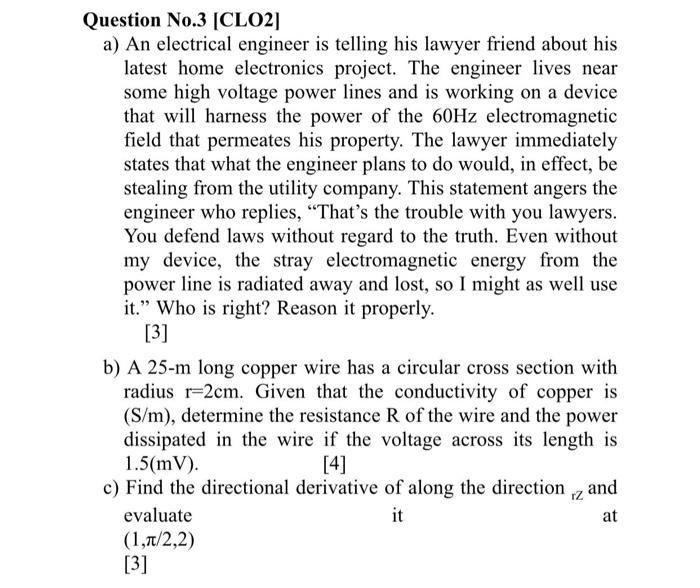 Solved Question No.3 [CLO2] a) An electrical engineer is | Chegg.com