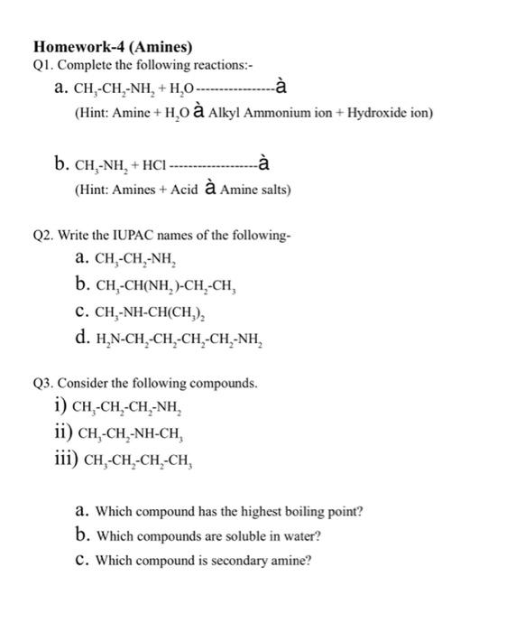 Solved Homework-4 (Amines) Q1. Complete the following | Chegg.com
