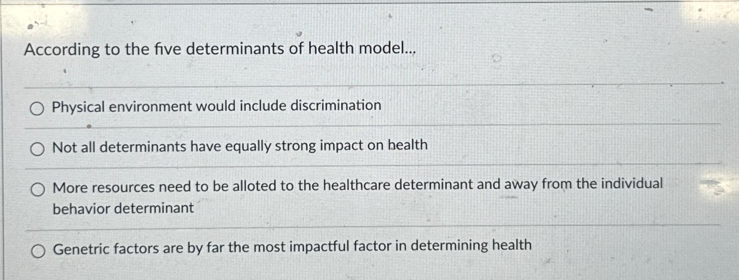 Solved According to the five determinants of health | Chegg.com