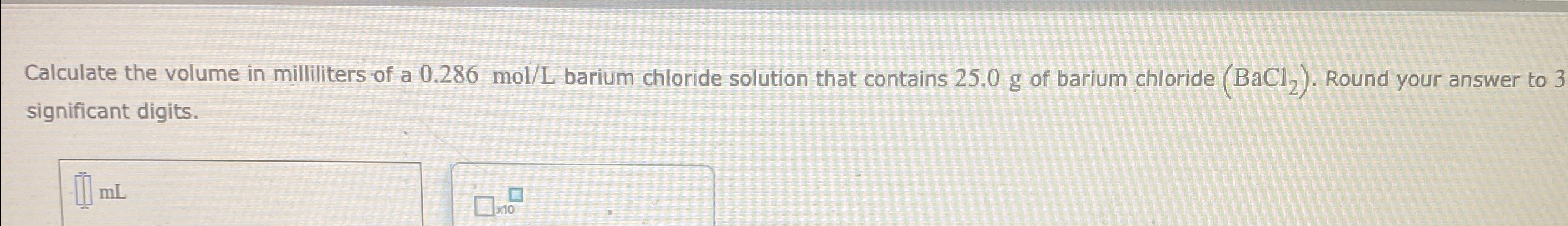 Solved Calculate the volume in milliliters of a 0.286molL | Chegg.com