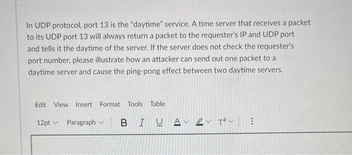 Solved In UDP protocol, port 13 is the "daytime" service. A | Chegg.com