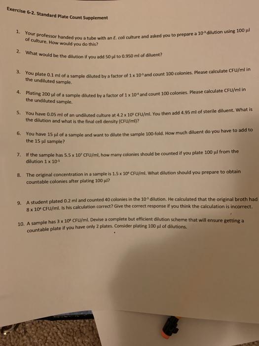 Solved Exercise 6-2. Standard Plate Count Supplement 1. Your | Chegg.com