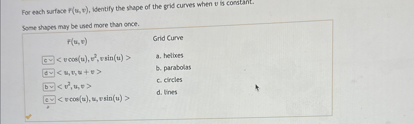 Solved For each surface ?bar (r)(u,v), ﻿identify the shape | Chegg.com
