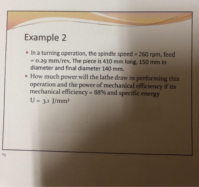 Solved Example 2 • In a turning operation, the spindle speed | Chegg.com
