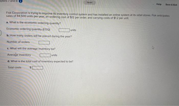 Solved apters / and 8 Saved Help Save & Exit units Fisk | Chegg.com