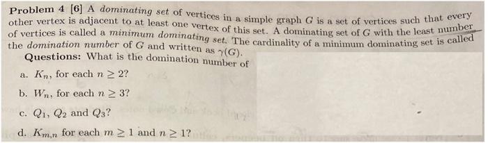 Solved Problem 4 [6] A dominating set of vertices in a | Chegg.com