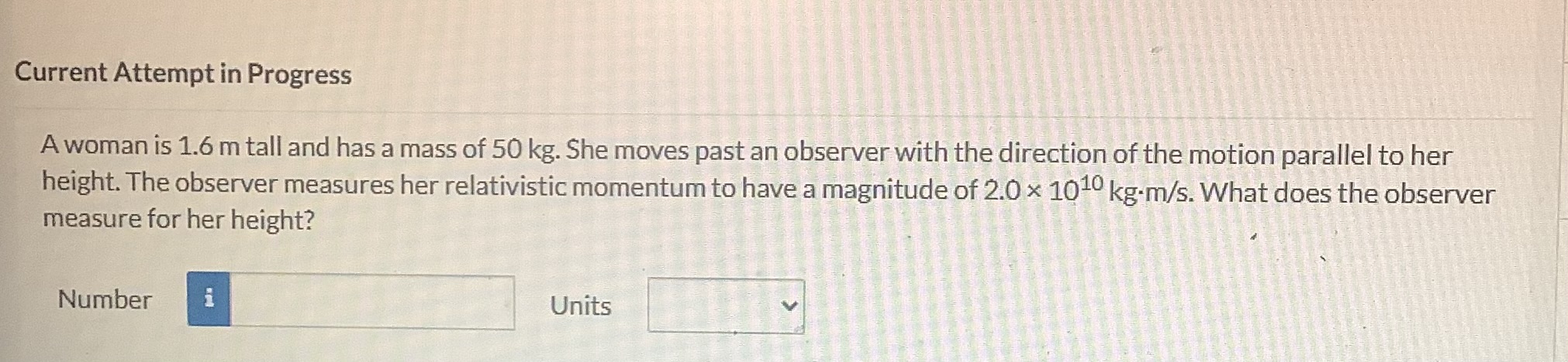 Solved Current Attempt in ﻿ProgressA woman is 1.6 m ﻿tall | Chegg.com