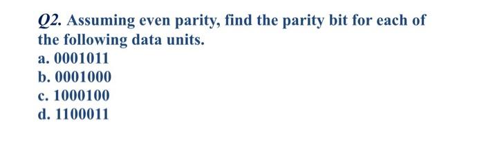Solved Q2. Assuming even parity, find the parity bit for | Chegg.com