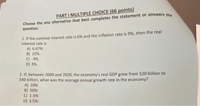 Solved PART I MULTIPLE CHOICE (66 points) Choose the one | Chegg.com