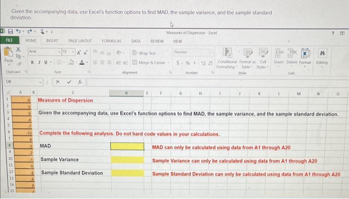 Solved Given the accompanyling data. use Excel's function | Chegg.com