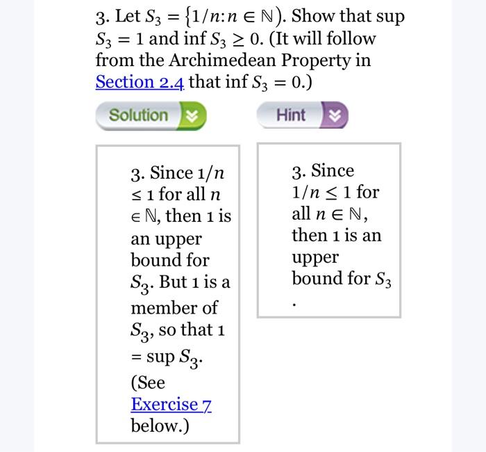 Solved 3. Let S3={1/n:n∈N). Show that sup S3=1 and inf S3≥0. | Chegg.com