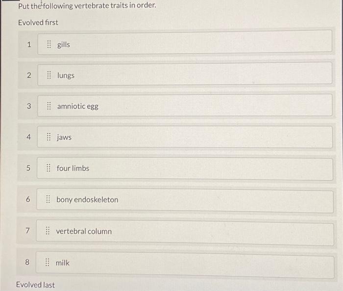 Solved Put the following vertebrate traits in order. From | Chegg.com
