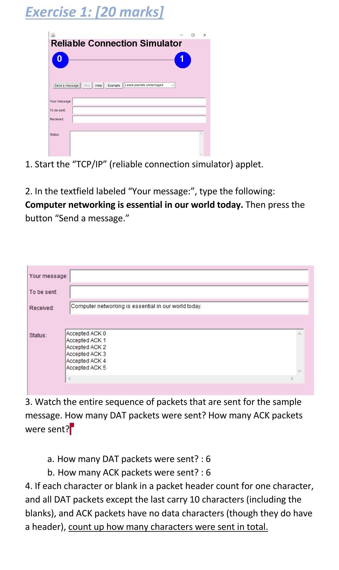 Solved 1. Start the "TCP/IP" (reliable connection simulator) | Chegg.com
