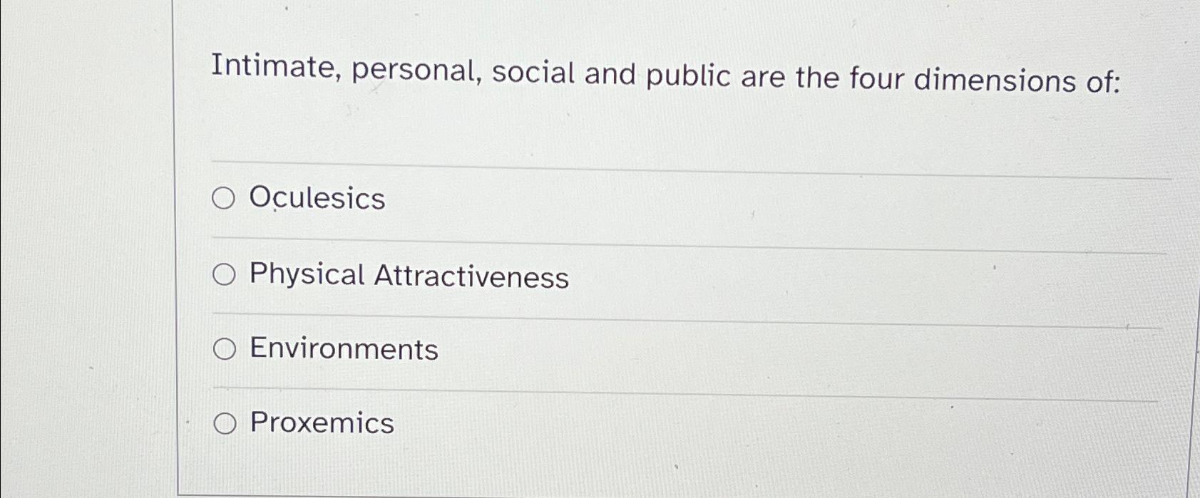 Solved Intimate, personal, social and public are the four | Chegg.com