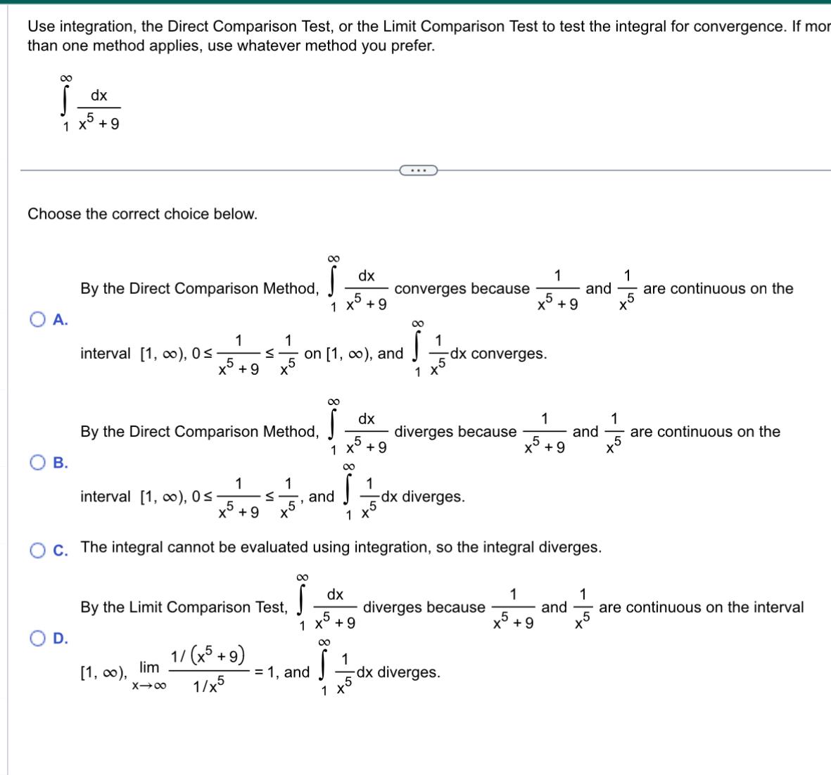 Solved Use integration, the Direct Comparison Test, or the | Chegg.com