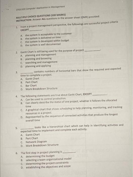 Solved MULTIPLE CHOICE QUESTIONS (100 MARKS) INSTRUCTION: | Chegg.com