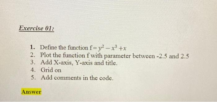 Solved 1. Define the function f=y2−x3+x 2. Plot the function | Chegg.com
