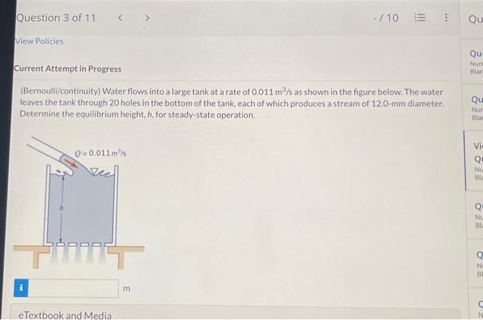 Solved (Bernoulli/continuity) Water flows into a large tank | Chegg.com