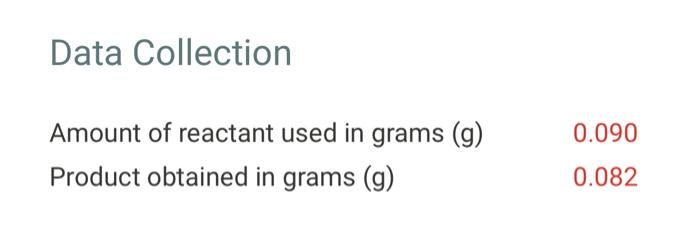Solved Data Collection 0.090 Amount of reactant used in | Chegg.com