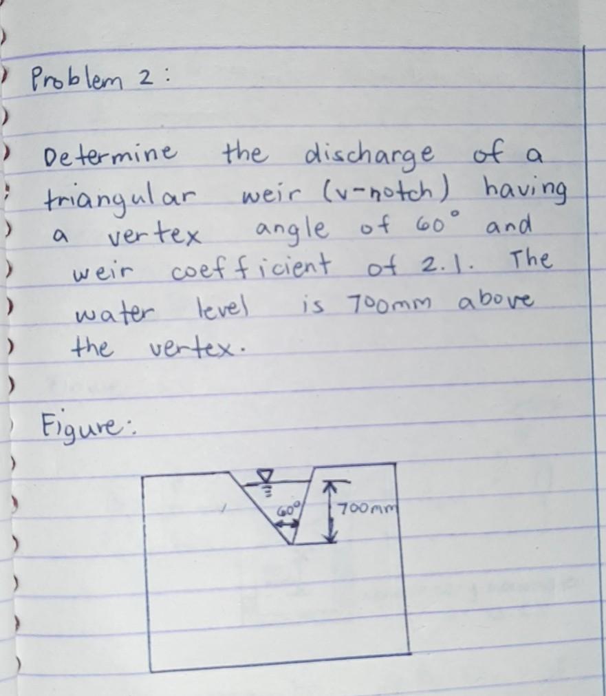 Solved determine the discharge of a triangular weir(v-notch) | Chegg.com
