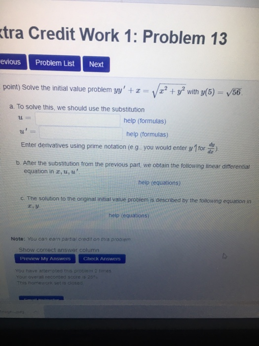 Solved xtra Credit Work 1: Problem 13 revious Problem List | Chegg.com