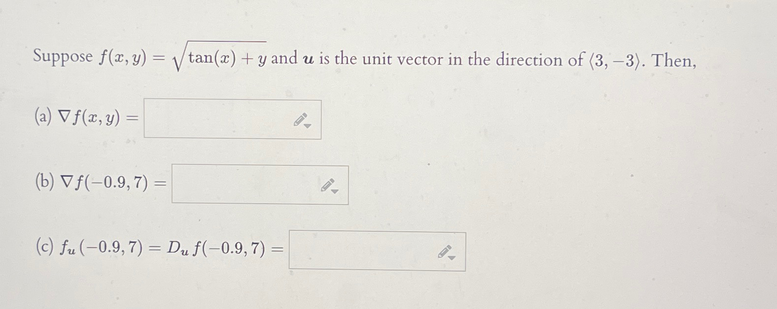Solved Suppose f(x,y)=tan(x)+y2 ﻿and u ﻿is the unit vector | Chegg.com