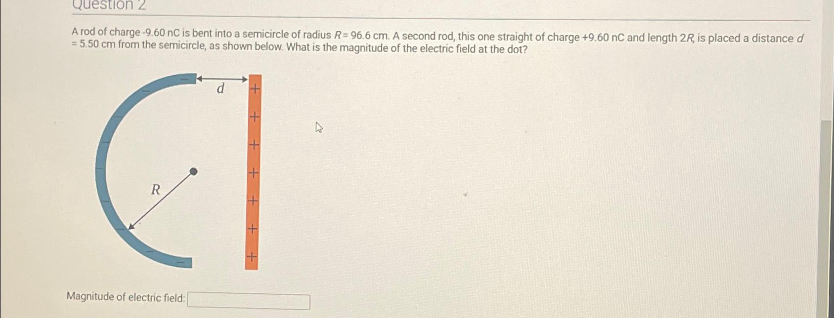 Solved A rod of charge -9.60nC is bent into a semicircle of | Chegg.com