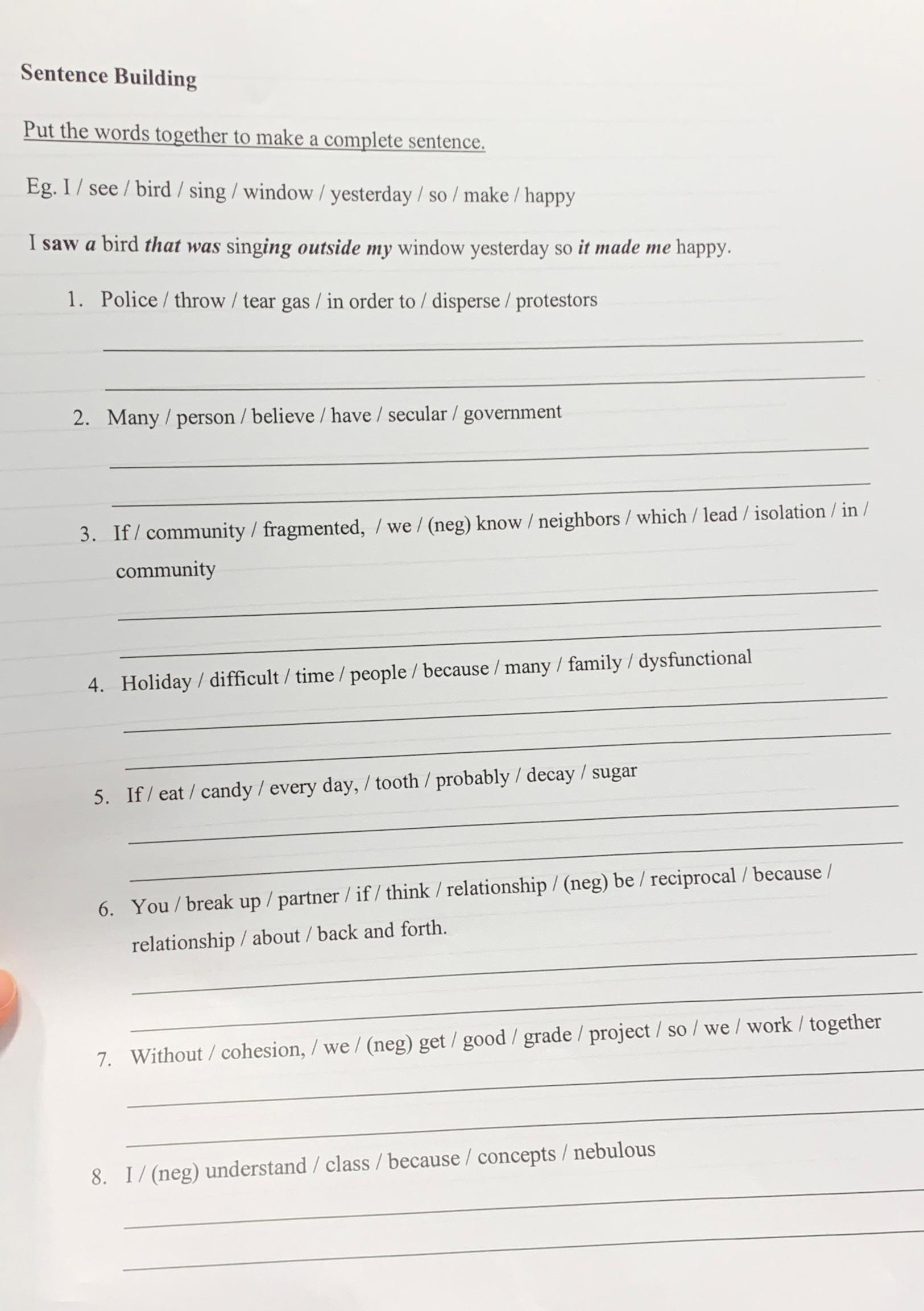 Solved Sentence BuildingPut the words together to make a | Chegg.com